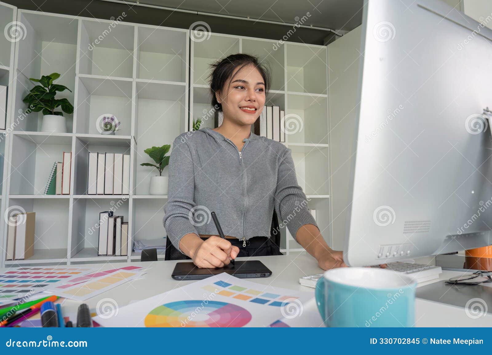 Creative Graphic Designer Working on Computer in Modern Office with ...