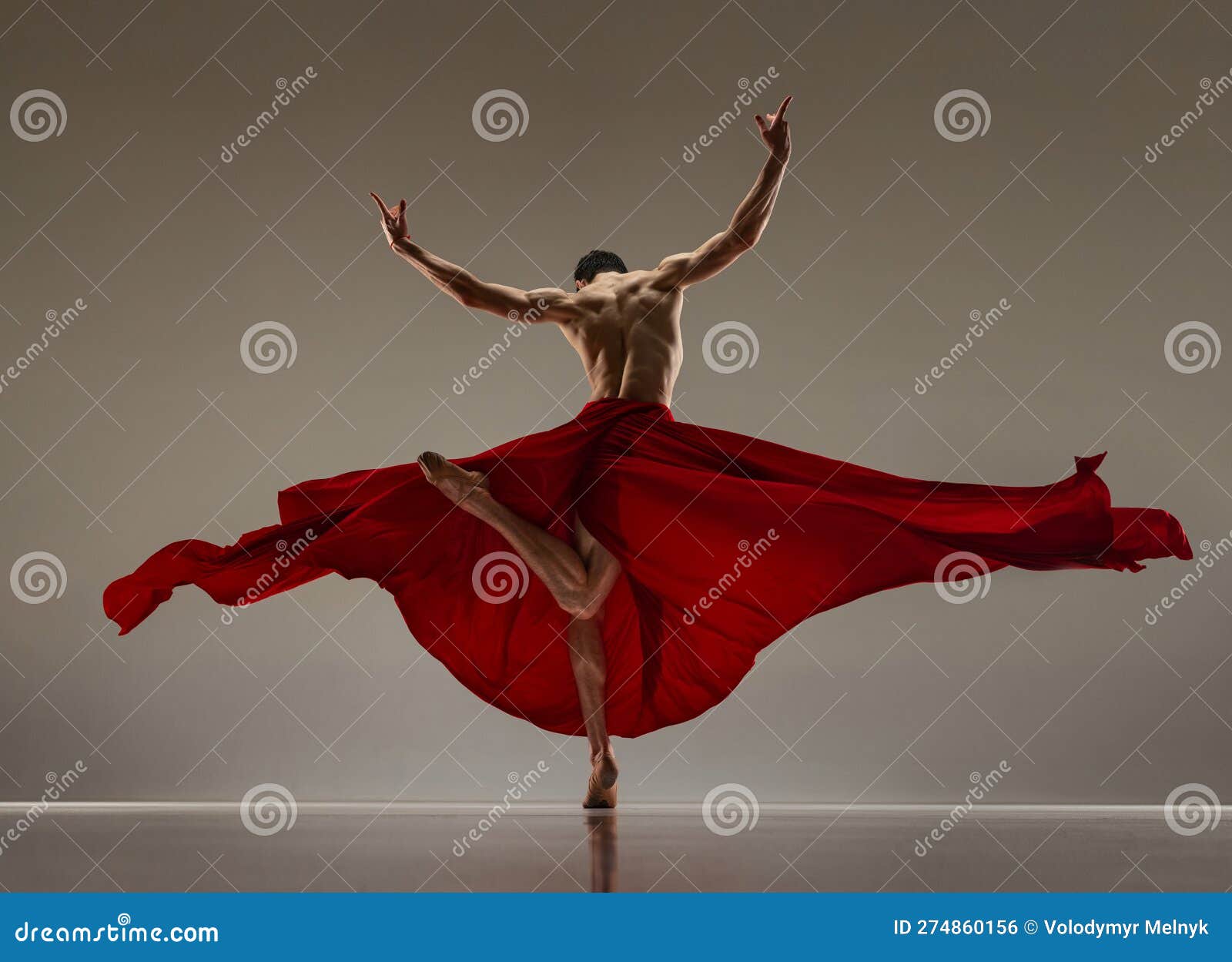 Talented Performance. Handsome Man, Ballet Dancer Dancing with Red Silk ...
