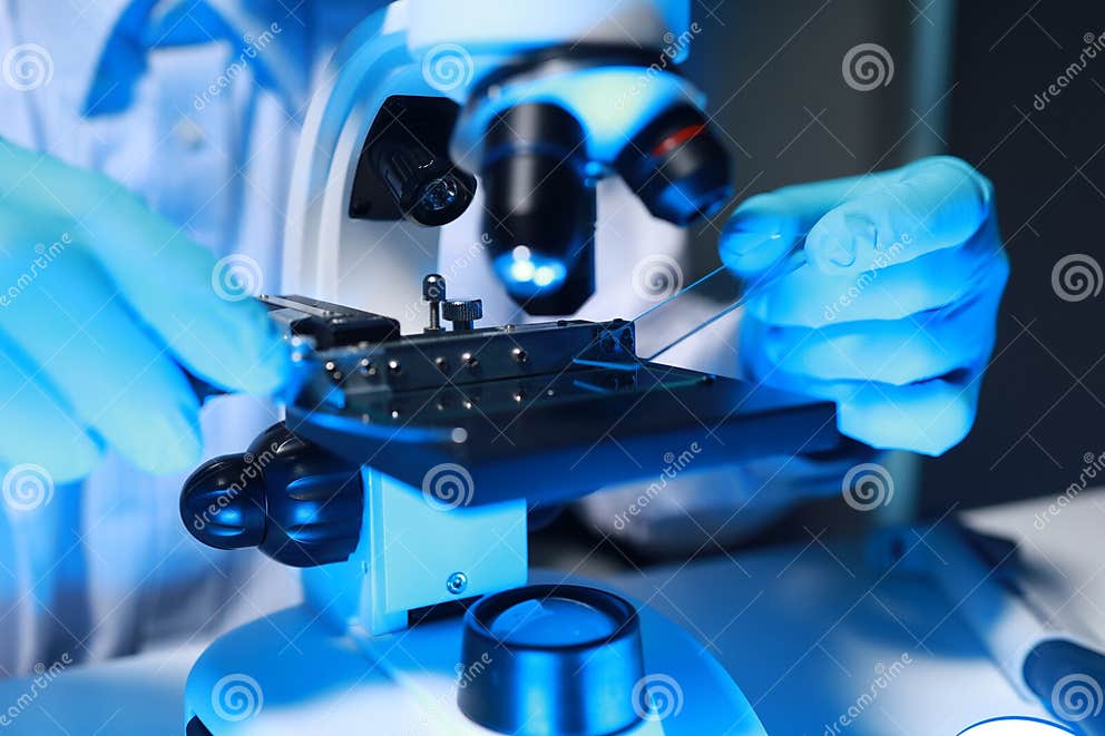 A Talented Scientist Sits in His Lab while Using a Microscope To Look ...