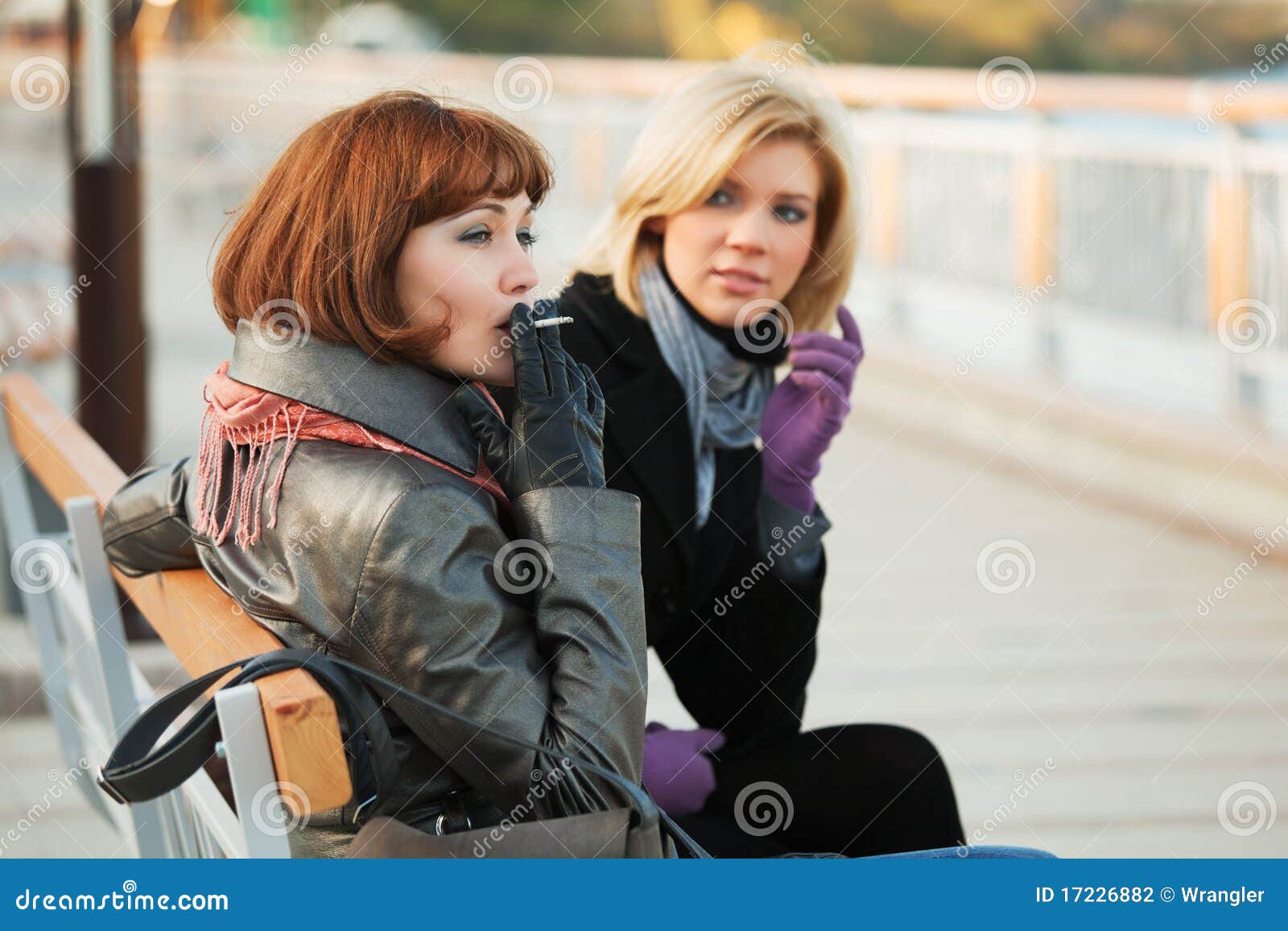 Talking on a bench. stock photo. Image of autumn, coat - 17226882
