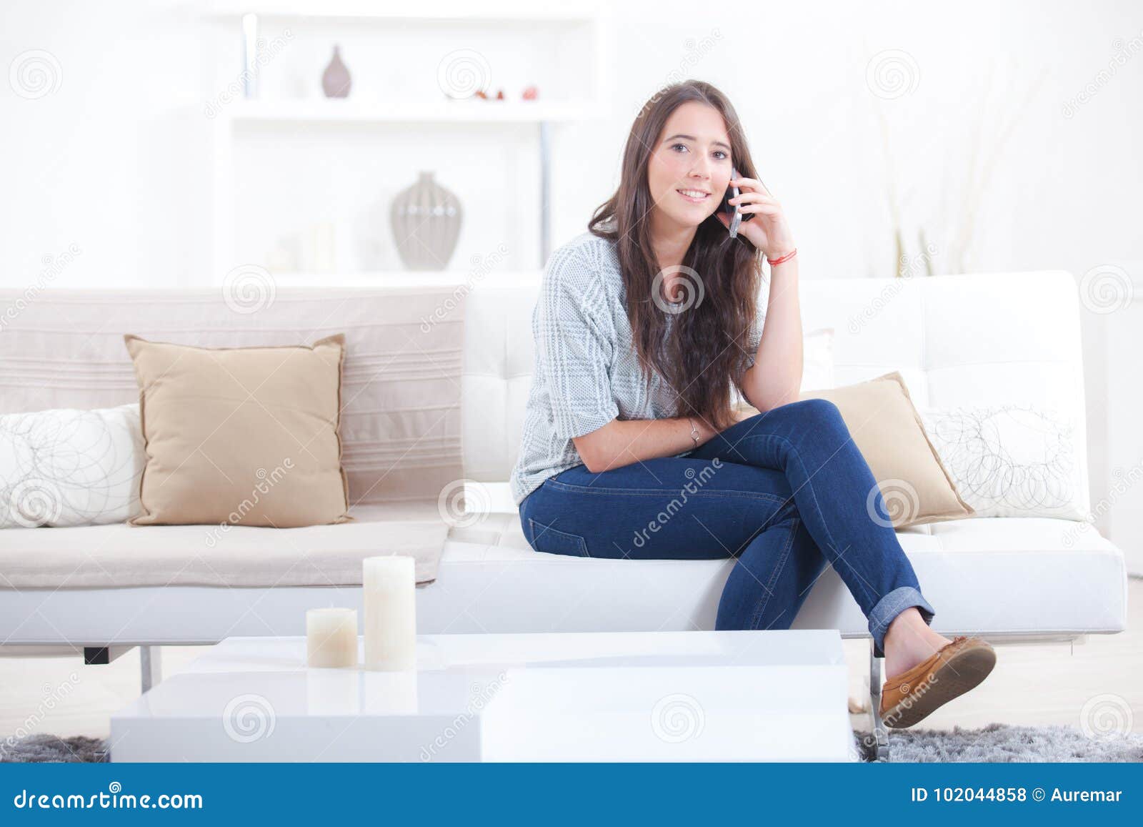 Talking Call Whilst on Sofa Stock Photo - Image of home, glowing: 102044858