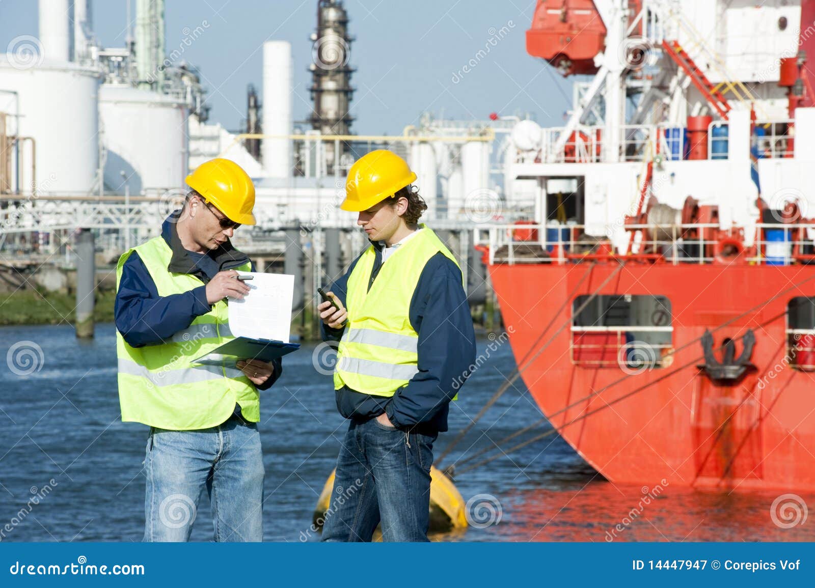 Talking Harbor workers stock image. Image of people, paper - 14447947