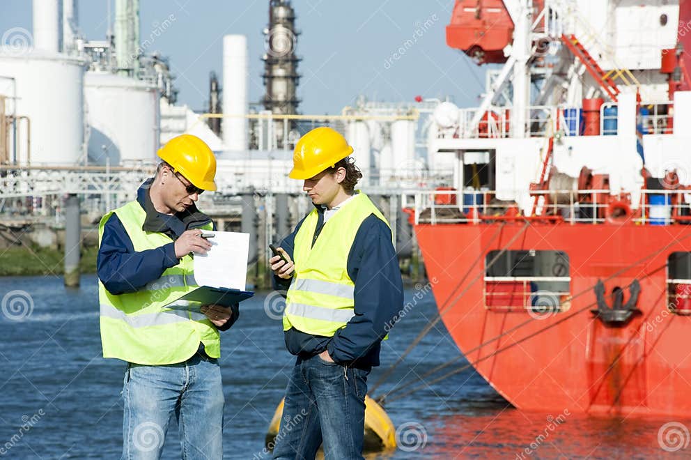 Talking Harbor workers stock image. Image of people, paper - 14447947