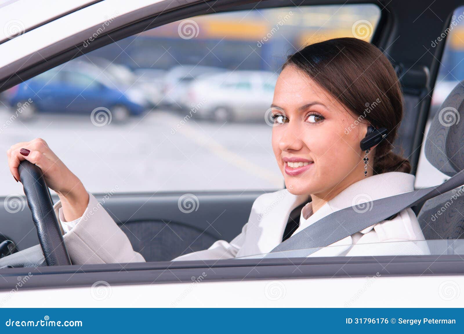 Talking Phone in a Car Using a Headset Stock Photo - Image of person ...