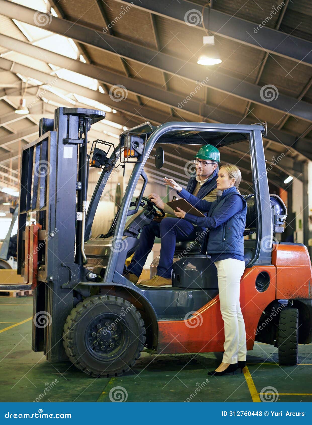Talking, Warehouse and Workers with Forklift Working on Site, Loading ...