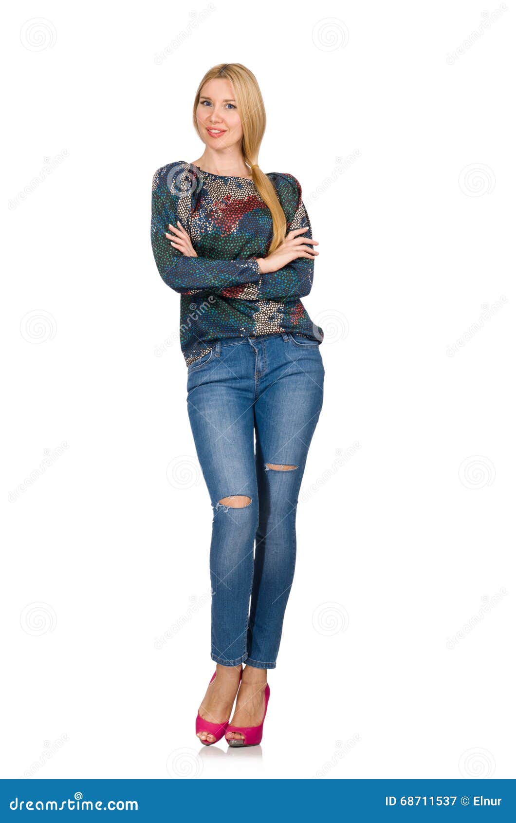 The Tall Blond Hair Model Posing in Blue Jeans Isolated on White Stock ...