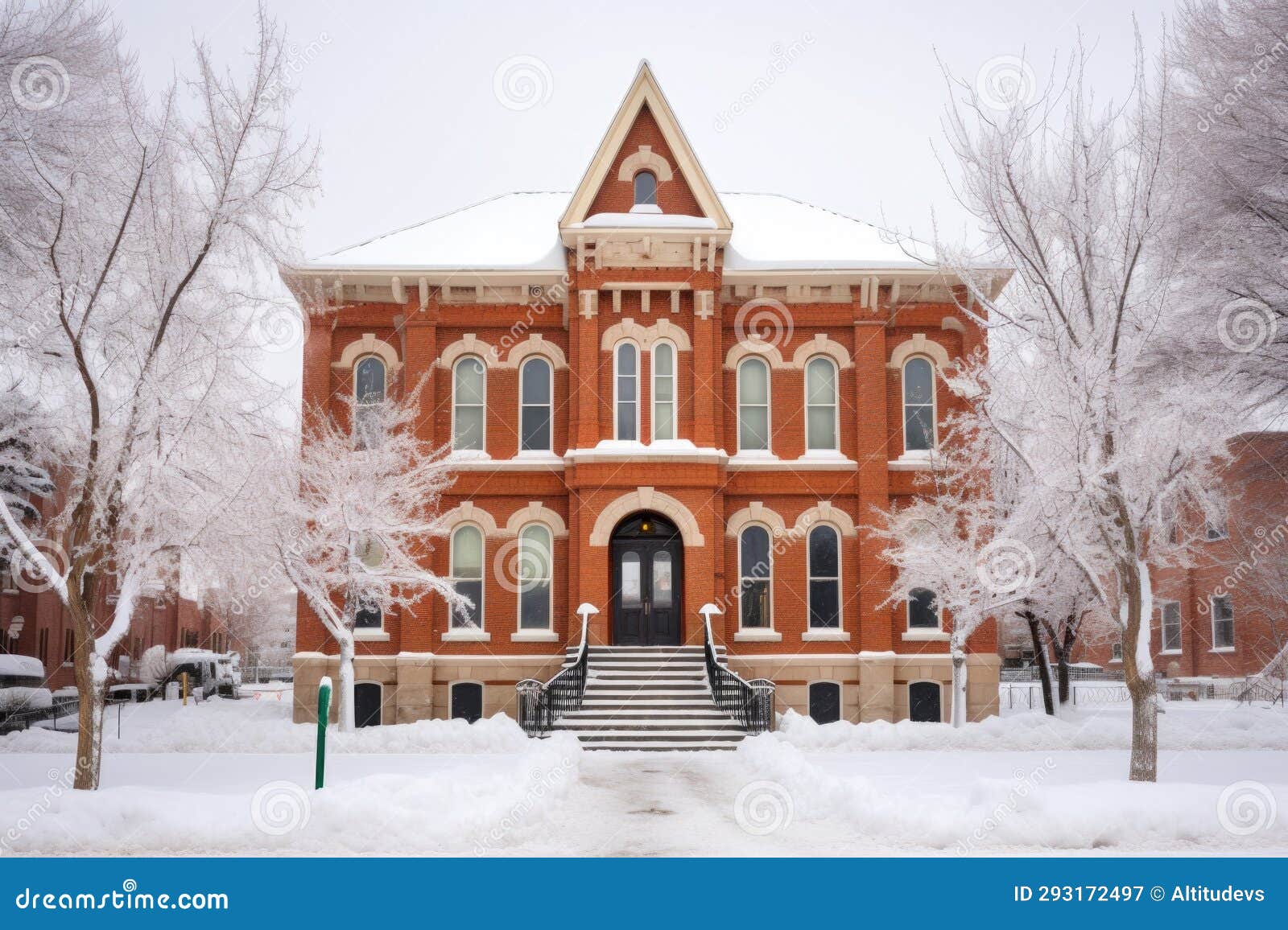 Tall Brick Courthouse Covered in Winter Snow Stock Image - Image of ...