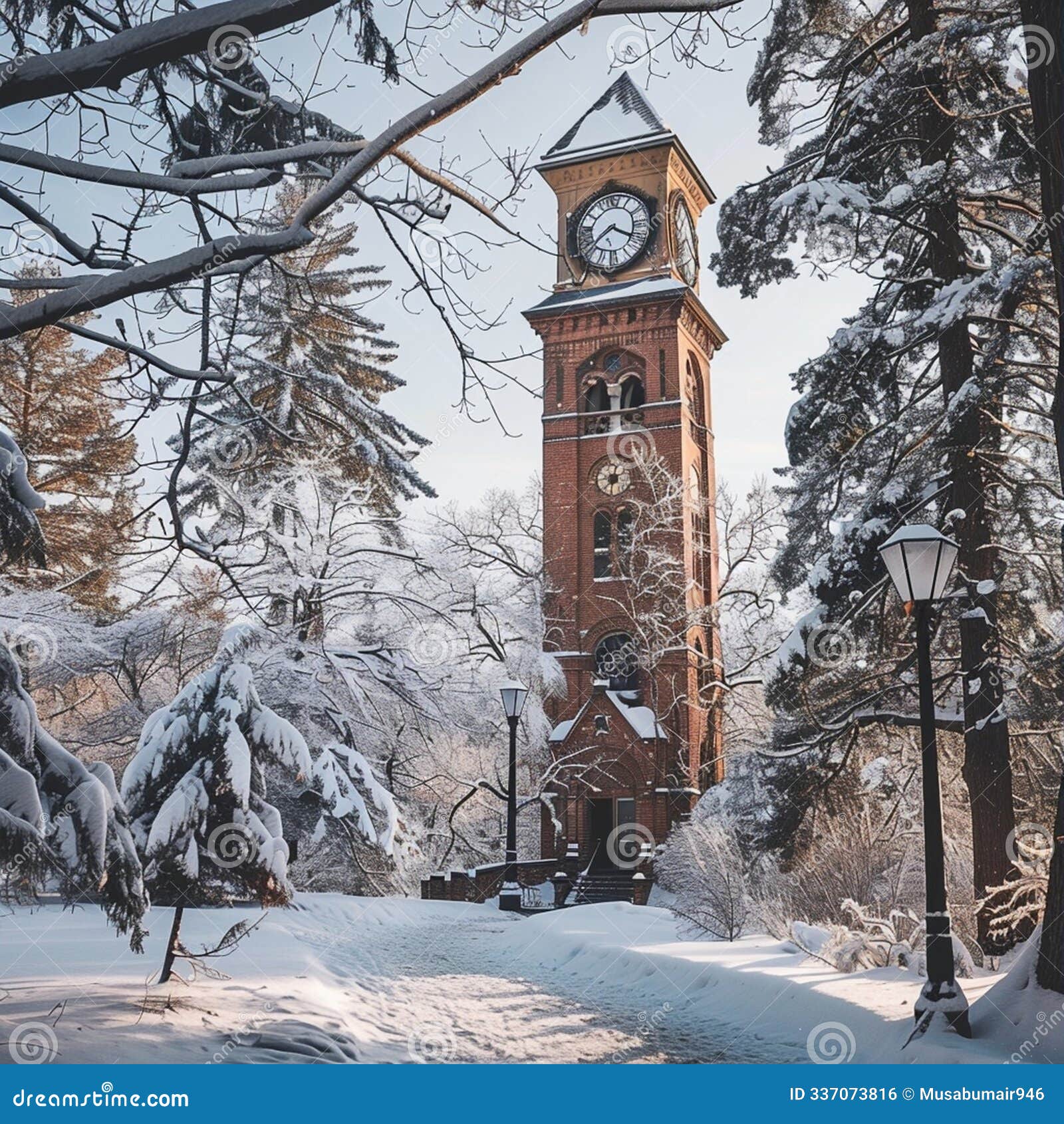 Tall Brown Brick Clock Tower with Snowy Slope Stock Illustration ...