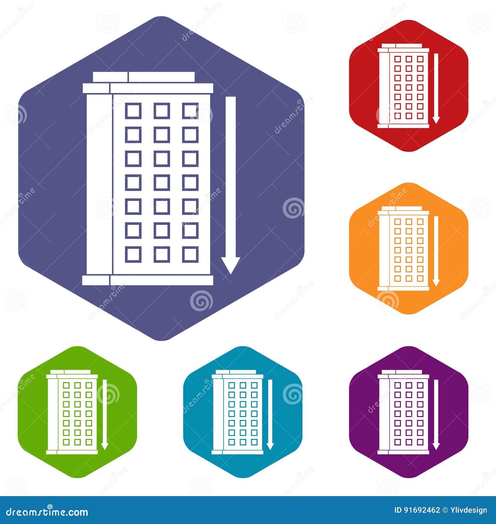 Tall Building and Down Arrow Icons Set Hexagon Stock Vector ...