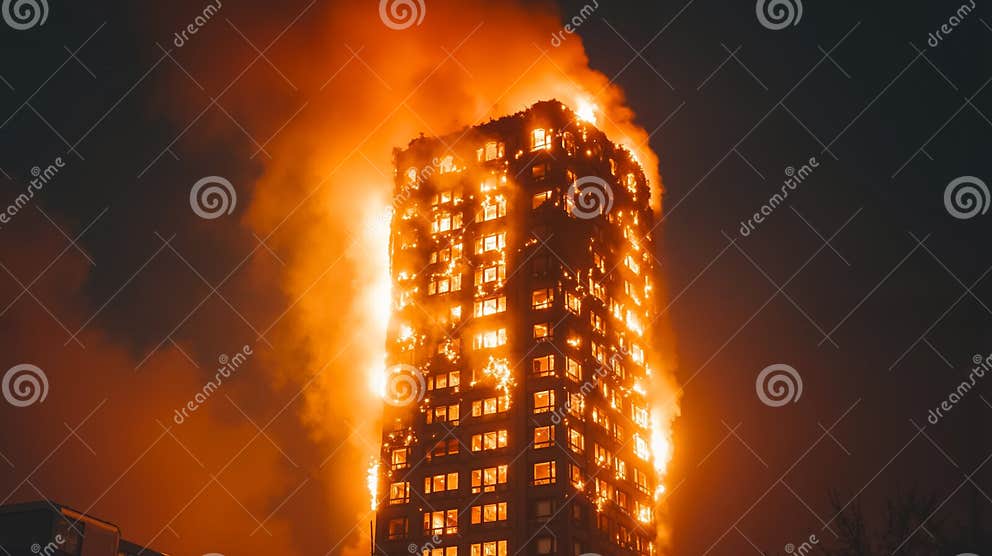 A Tall Building is Engulfed by Flames at Night Stock Image - Image of ...