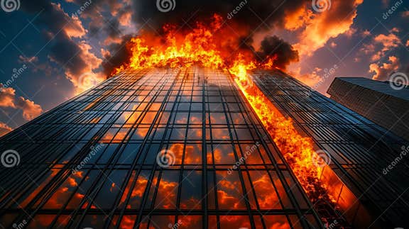A Tall Building on Fire with a Cloudy Sky in the Background Stock Photo ...