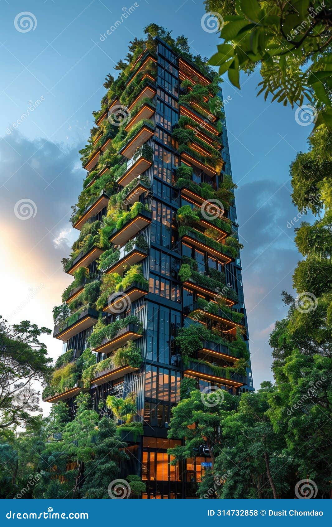 A Tall Building with a Green Roof and Many Trees Growing on it Stock ...