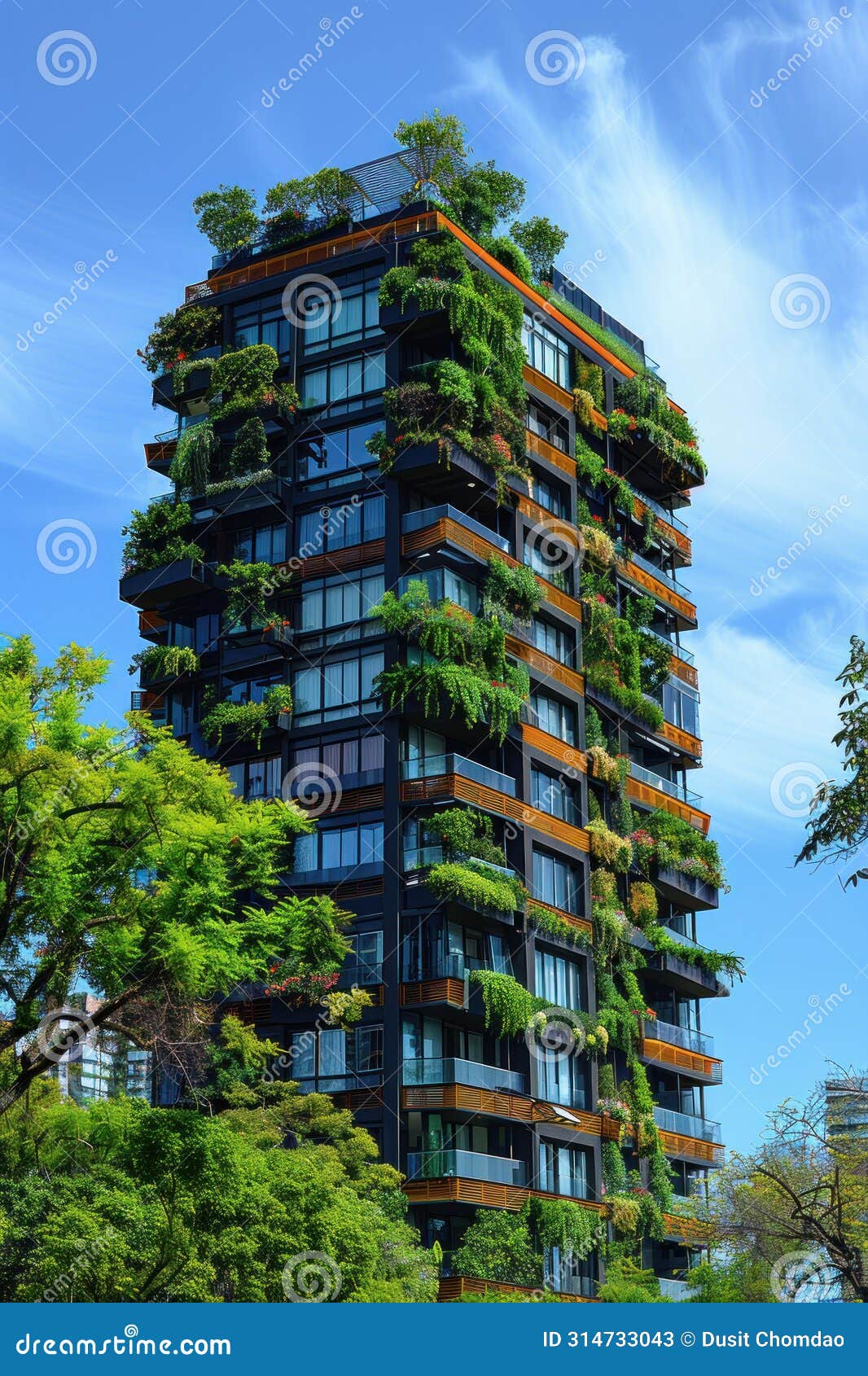 A Tall Building with a Green Roof and Many Trees Growing on it Stock ...