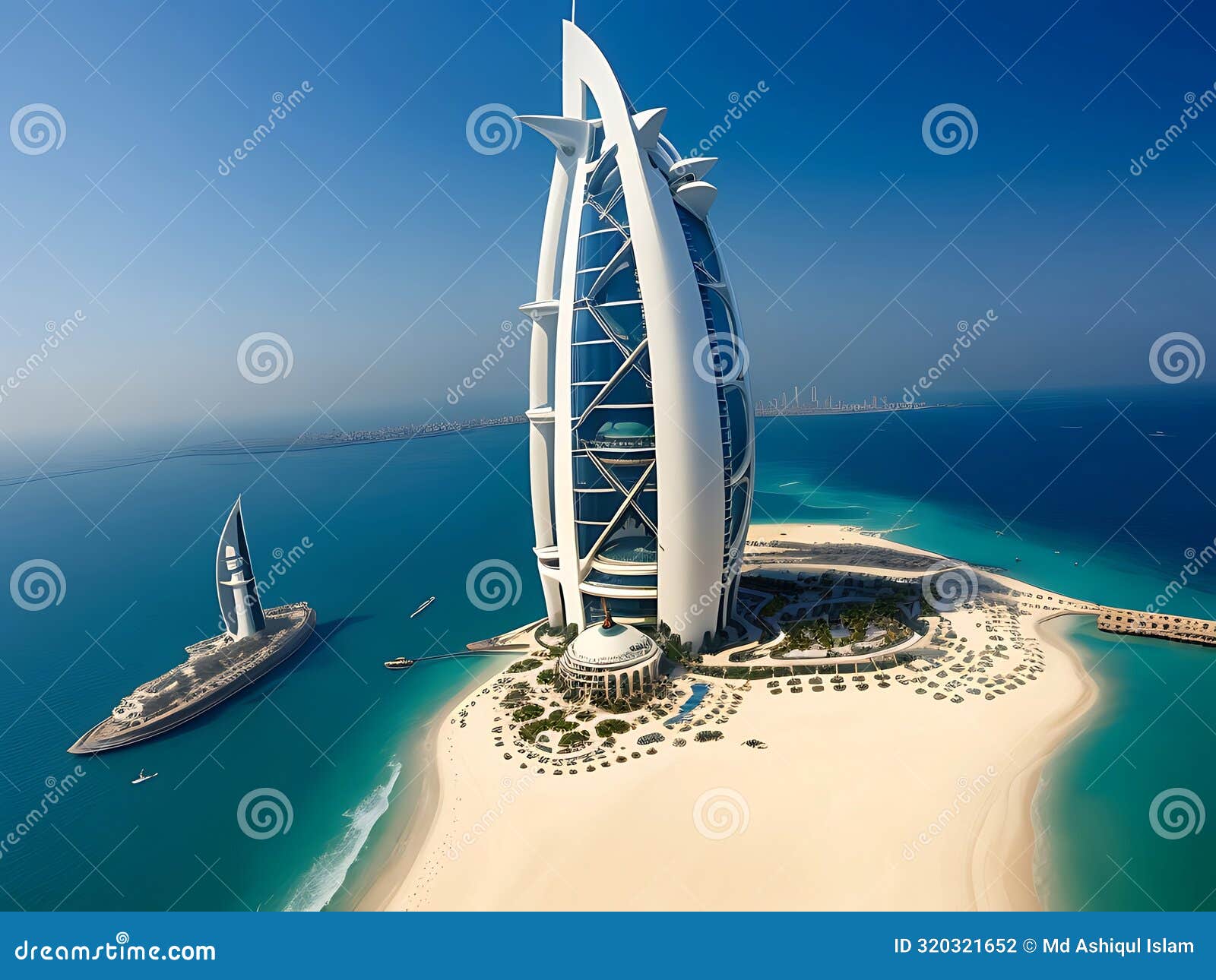 A Tall Building with a Sailboat in the Water Stock Illustration ...