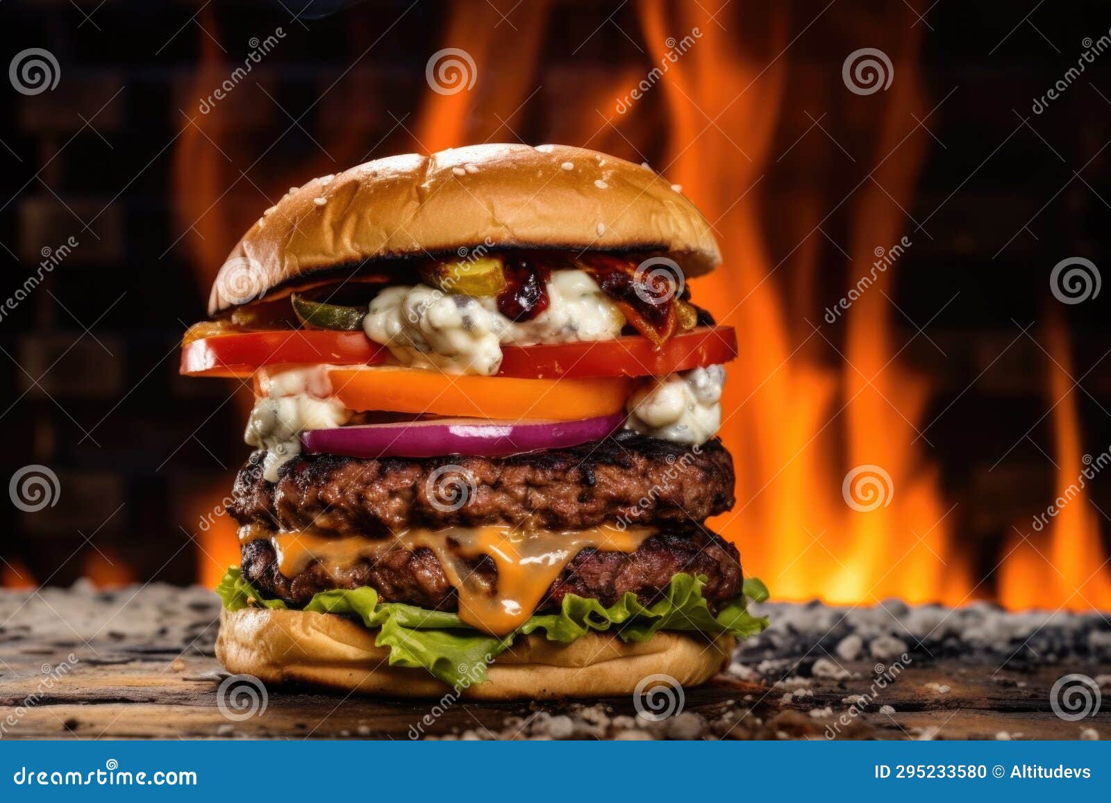 Tall Burger with Stacked Ingredients Mid-flame Grill Stock Photo ...