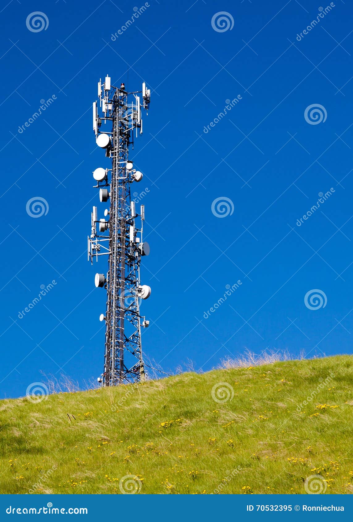 Tall Communication Tower on a Hill with Blue Sky Stock Image - Image of ...