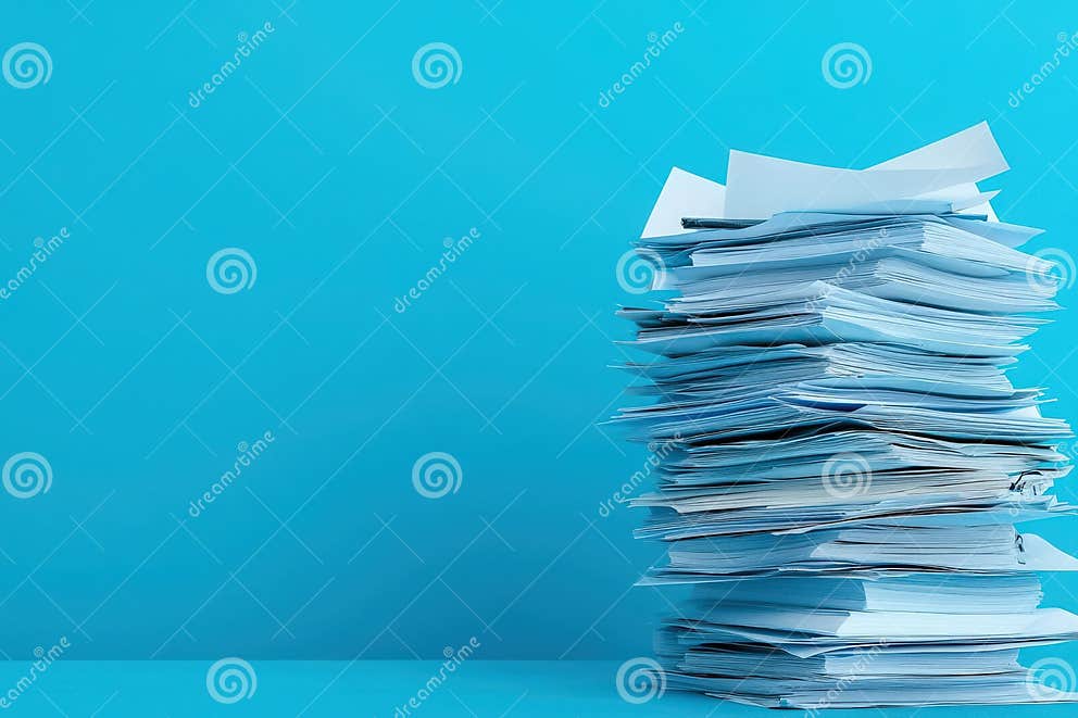 A Tall Stack of Unorganized Paperwork Sits on a Clean Blue Surface in a ...