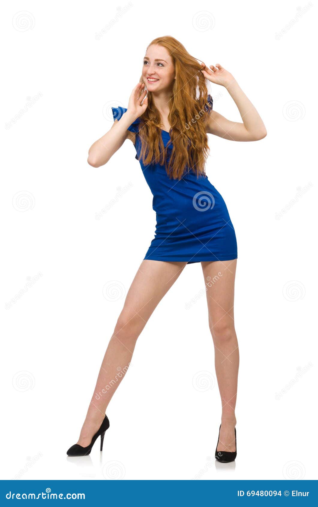 The Tall Model in Blue Dress Isolated on White Stock Photo - Image of ...