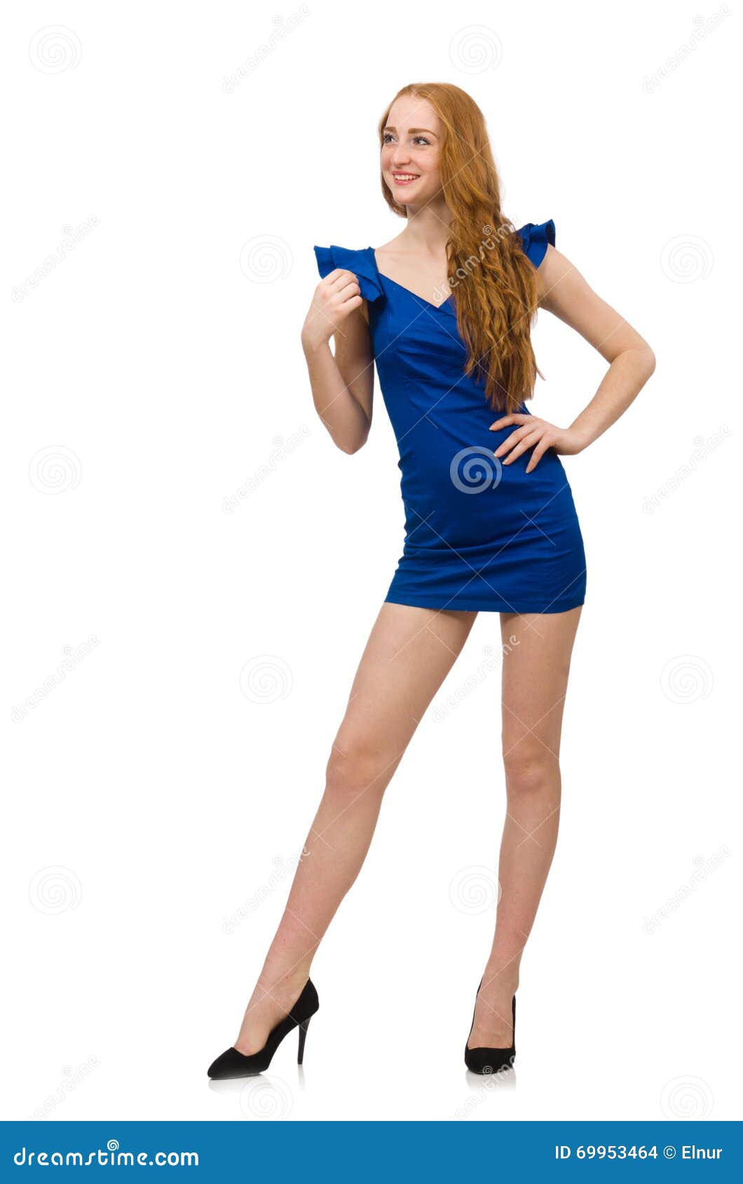 The Tall Model in Blue Dress Isolated on White Stock Photo - Image of ...