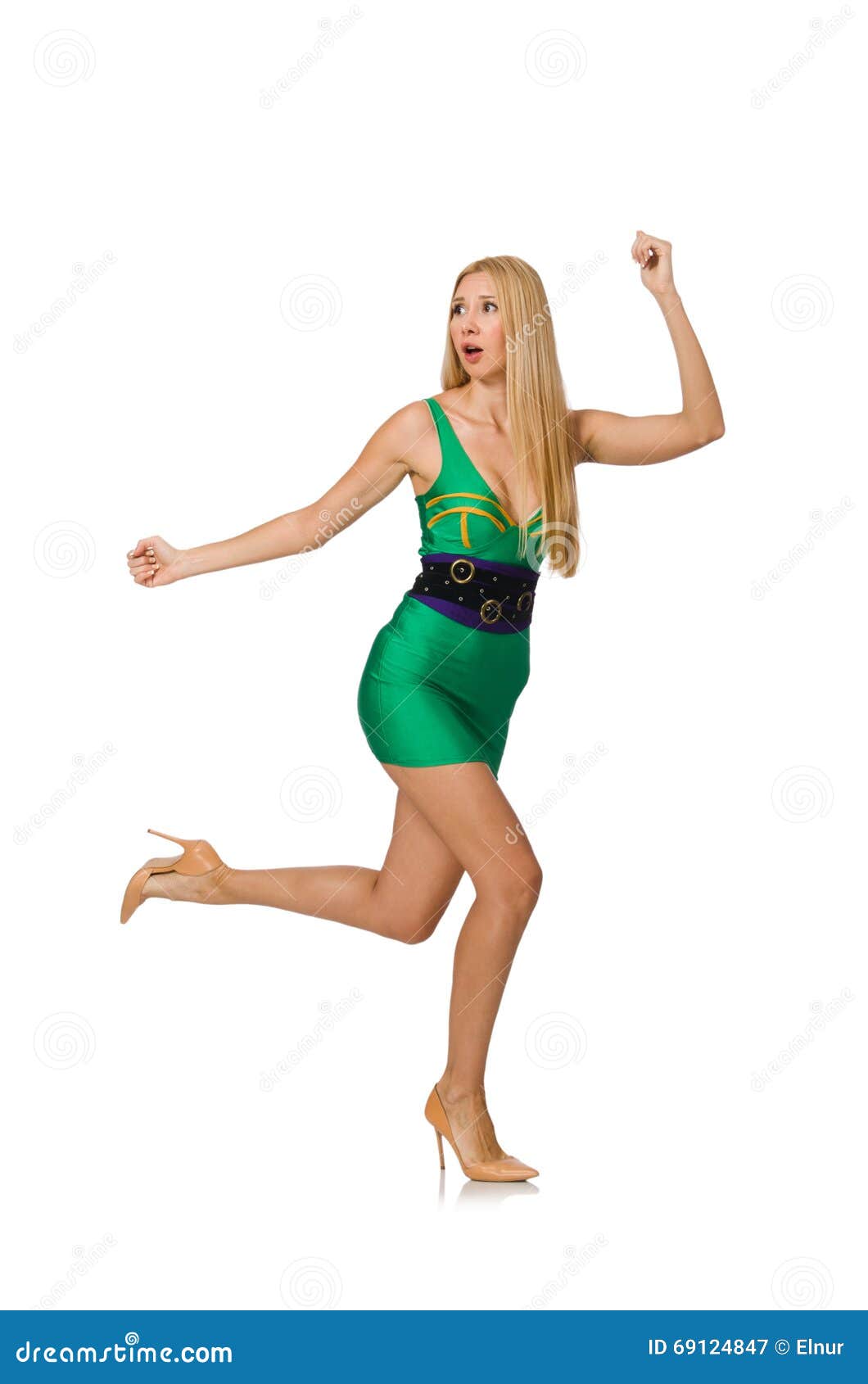 The Tall Model in Mini Green Dress Isolated on White Stock Image ...