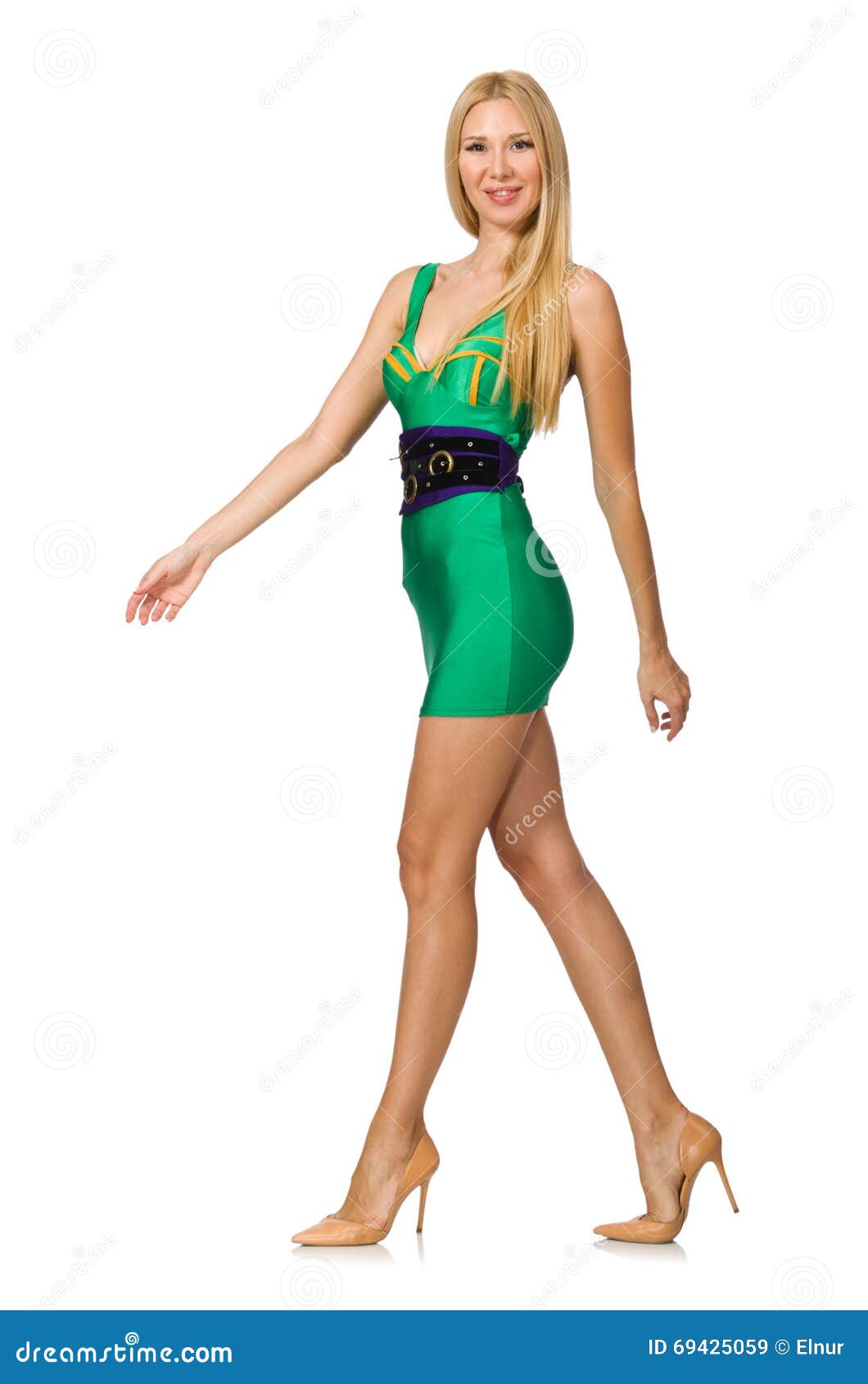 The Tall Model in Mini Green Dress Isolated on White Stock Image ...
