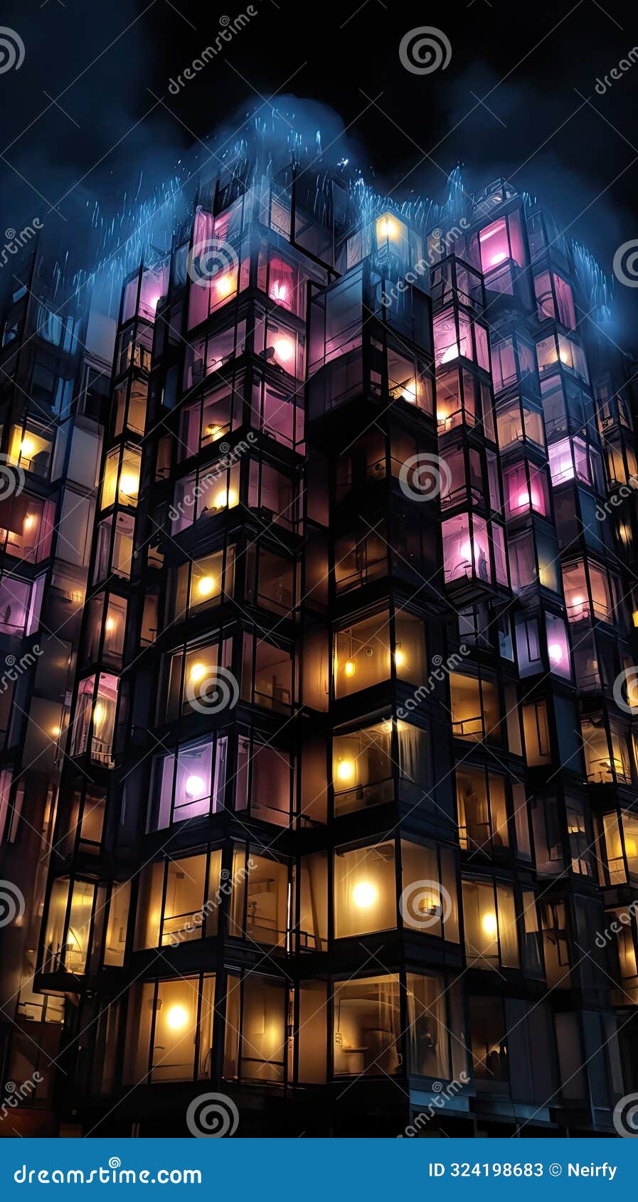 Tall Modern Building Glowing Windows, Urbancore, Art Event Exhbition ...