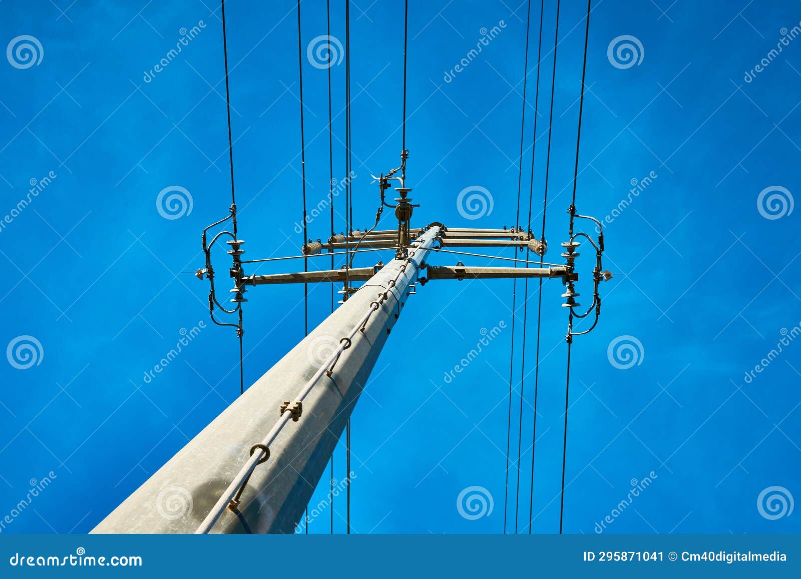 Tall Power Line Pole with Wires on Blue Sky Stock Image - Image of ...