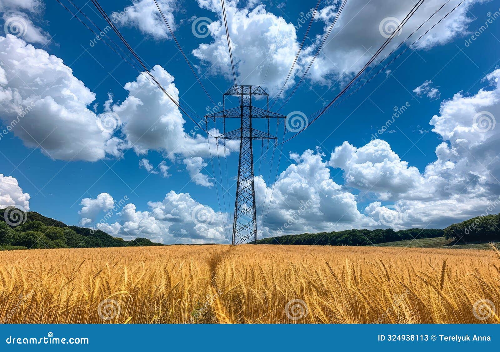 A Tall Power Line Tower is Seen in a Field of Wheat Stock Image - Image ...