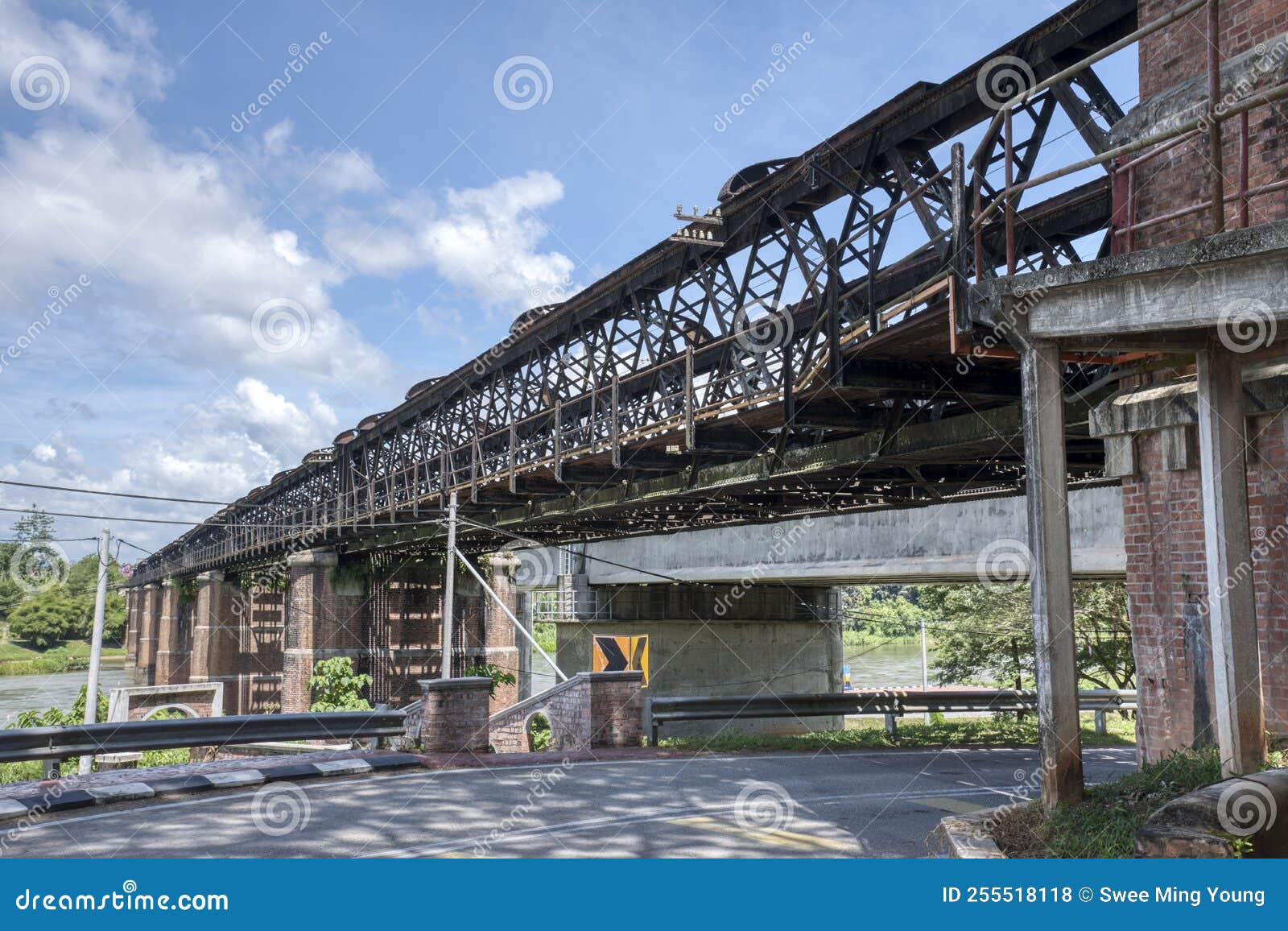 The Tall Railway Bridge Crossing the River. Stock Photo - Image of rail ...