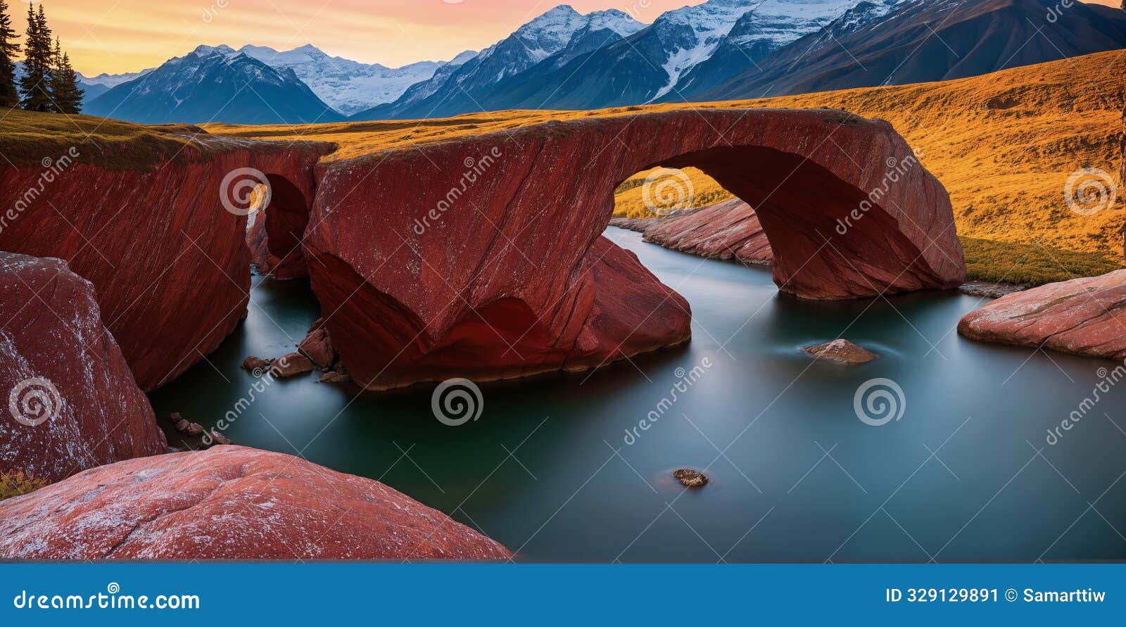A Tall Red Cliff with a Lake, a Backdrop of Grasslands, Mountains and ...