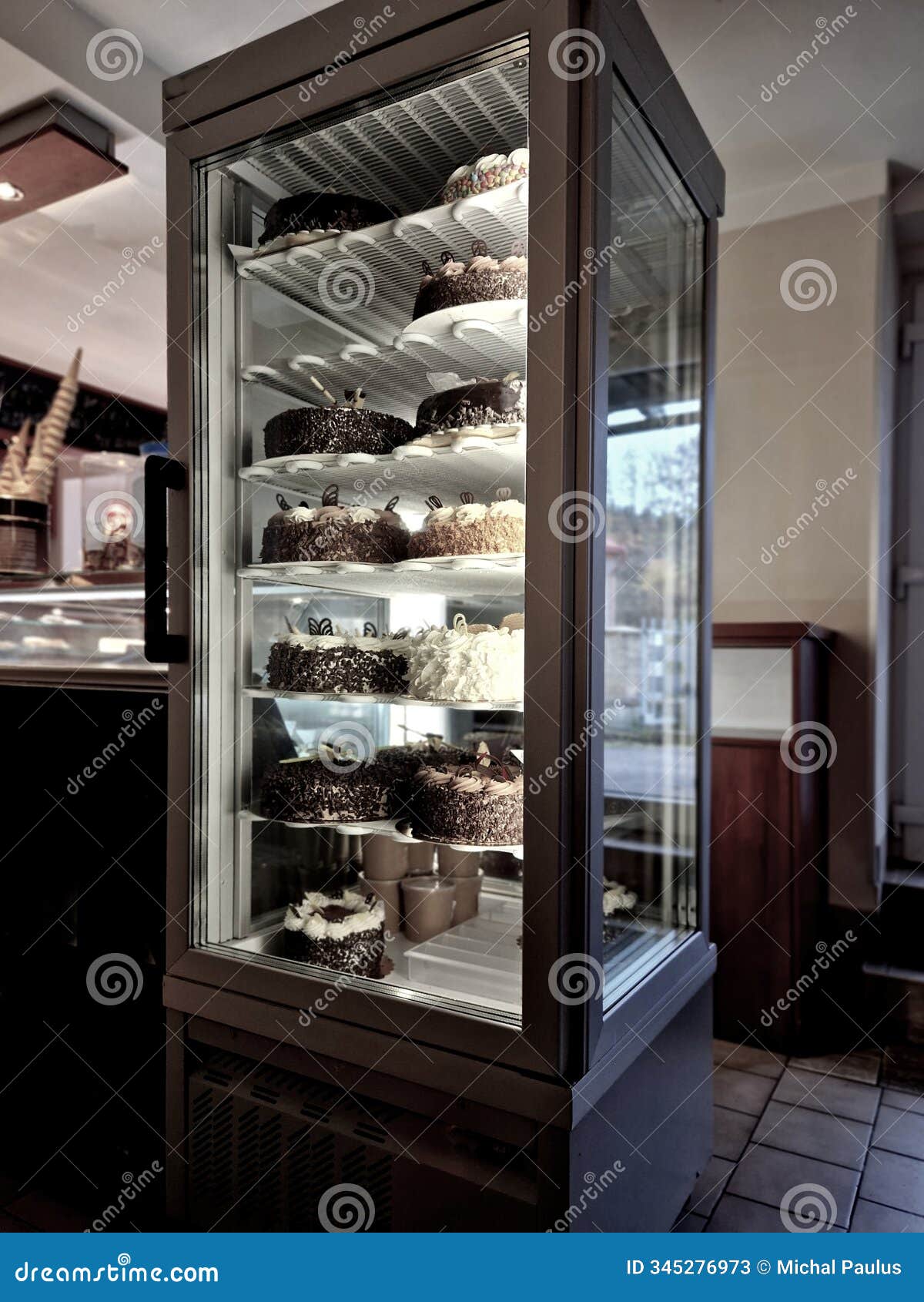 Tall Refrigerator for Storing Ordered Cakes. a Large Number Stock Image ...