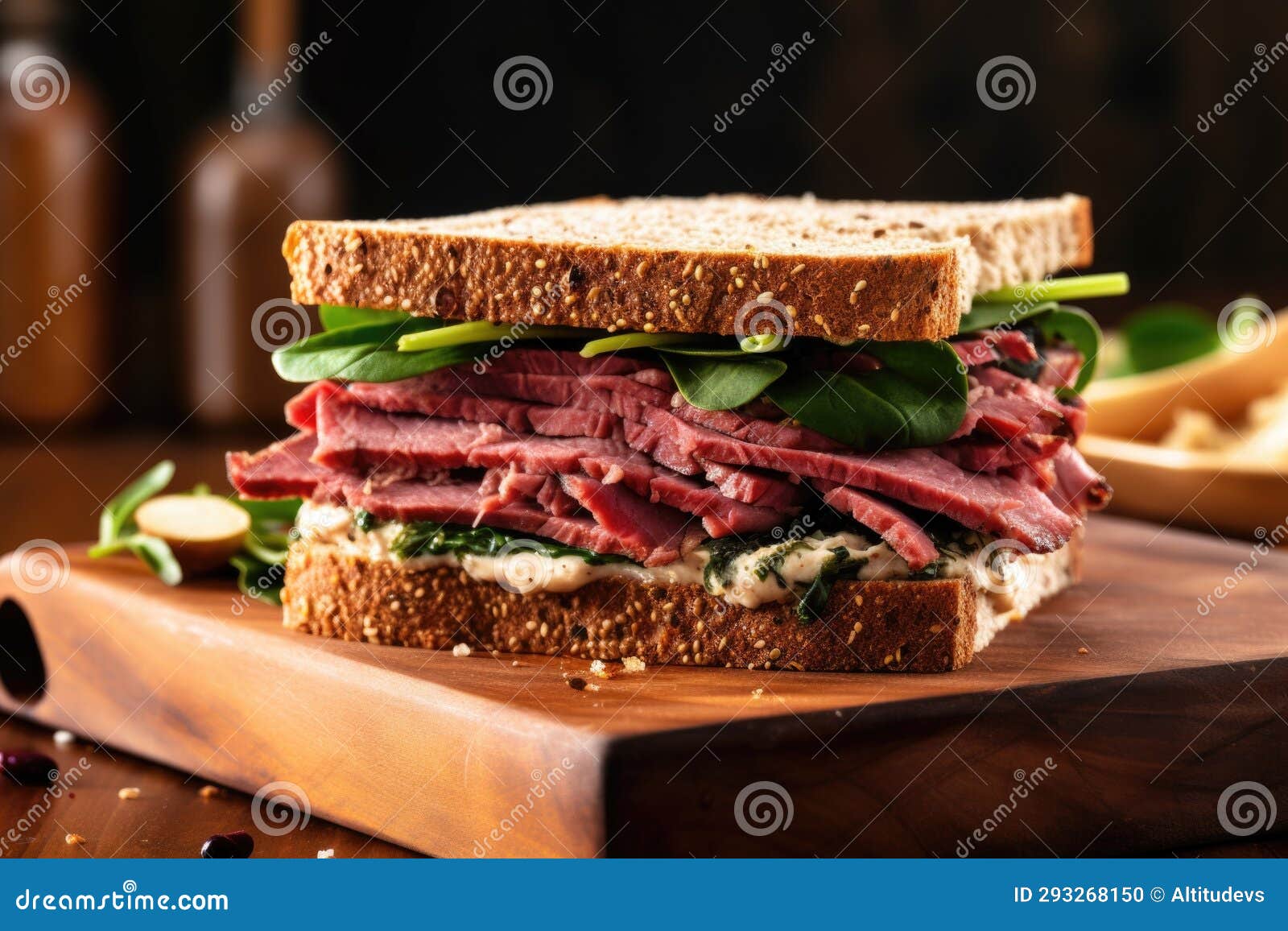 A Tall Roast Beef Sandwich on Rye Bread, on a Rectangular Board Stock ...