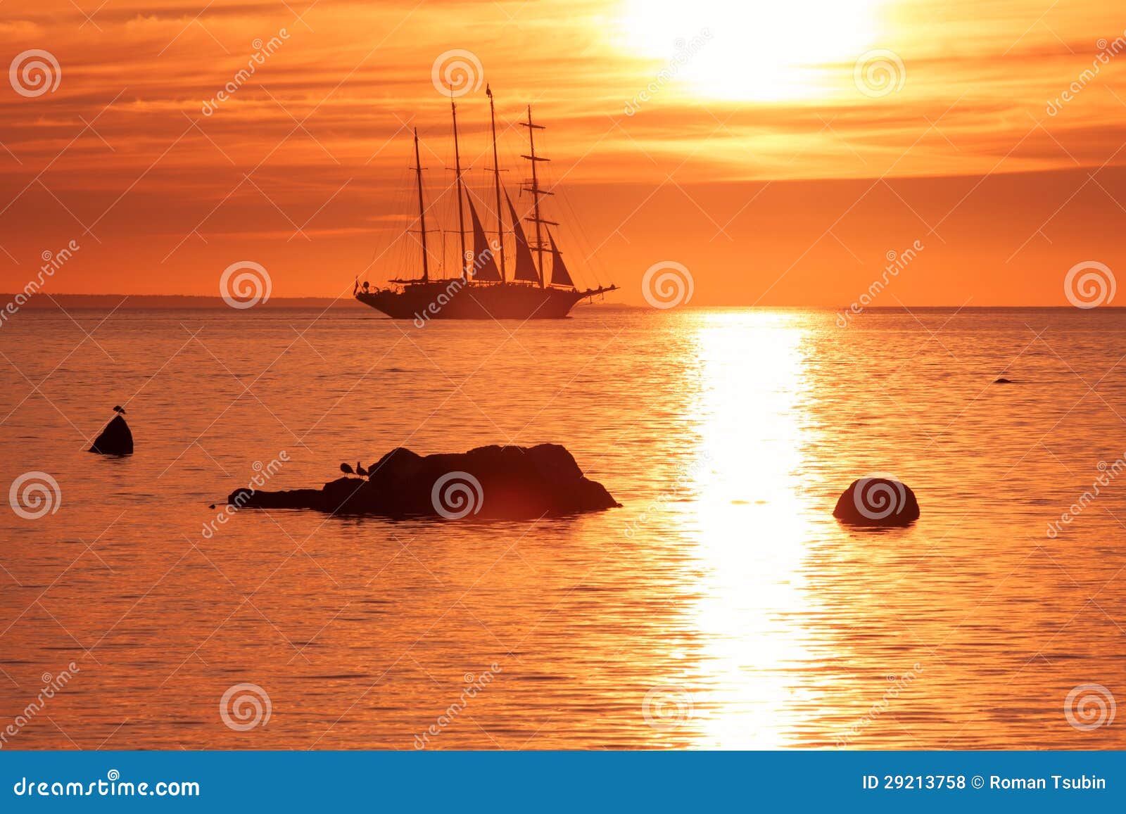 Tall Ship Sailing in Red Sunset Stock Photo - Image of sundown, seagull ...