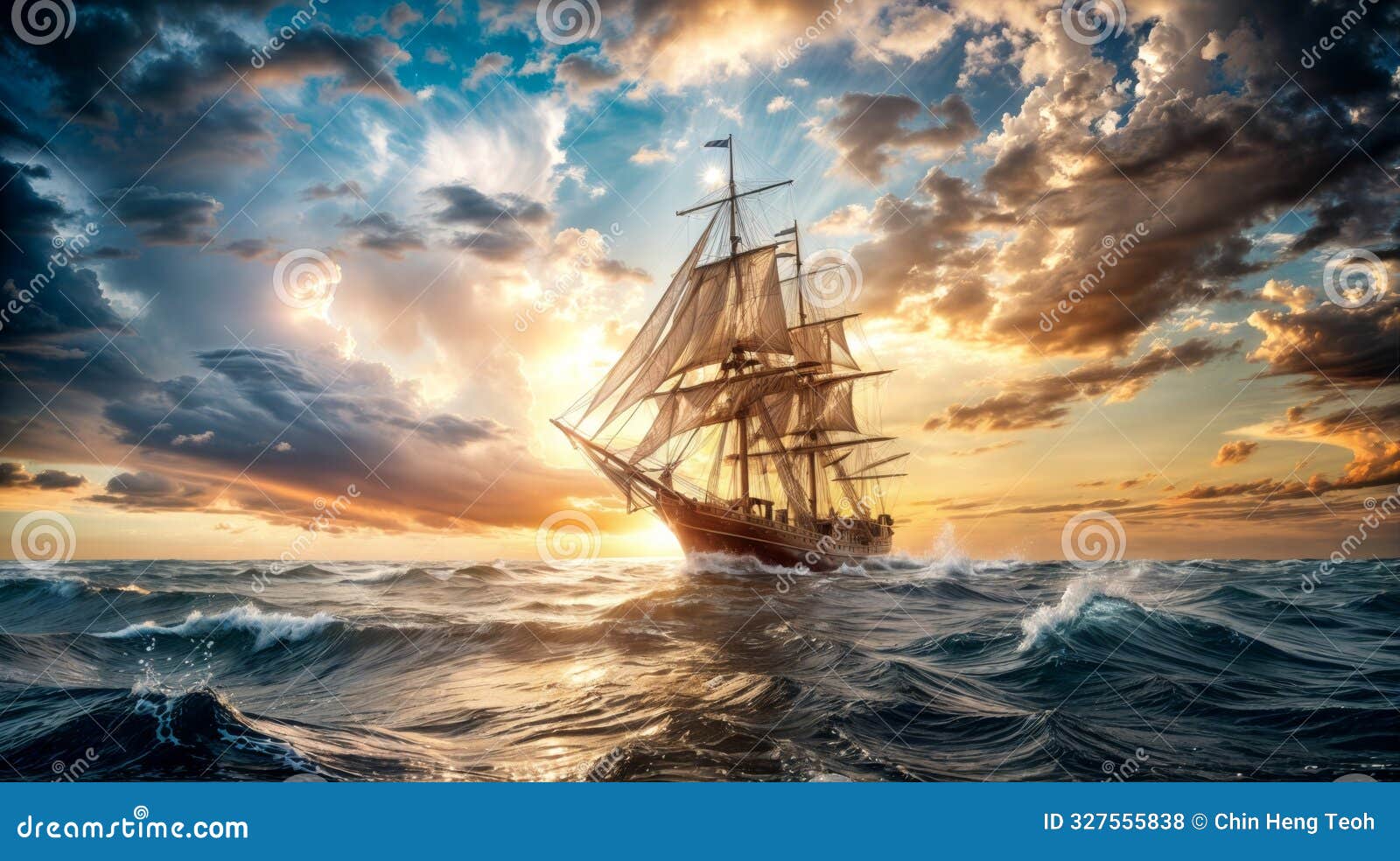 Tall Ship Sailing at Sunset Stock Photo - Image of waves, journey ...