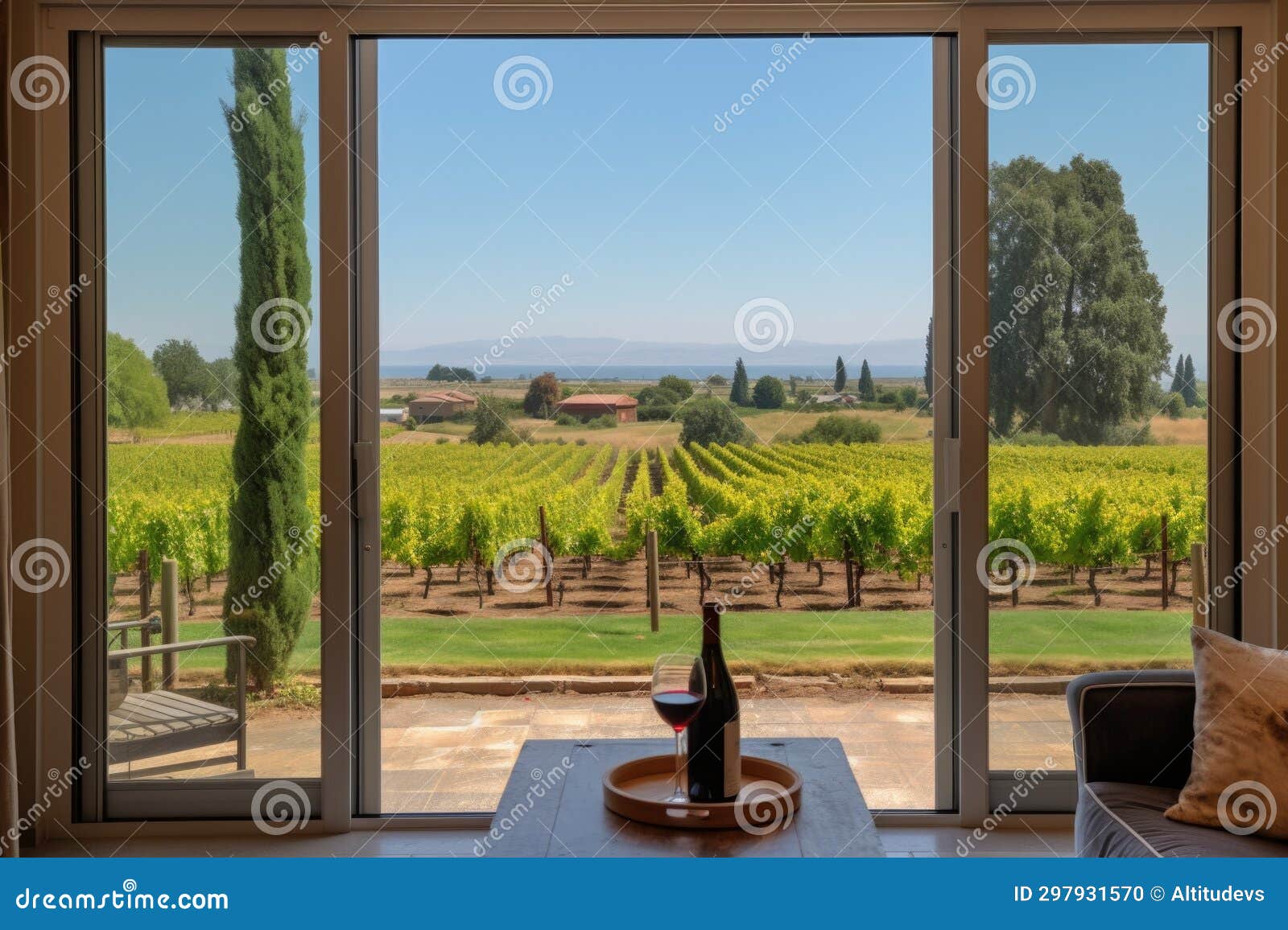 Tall, Shuttered Windows with a View of a Vineyard Stock Illustration ...