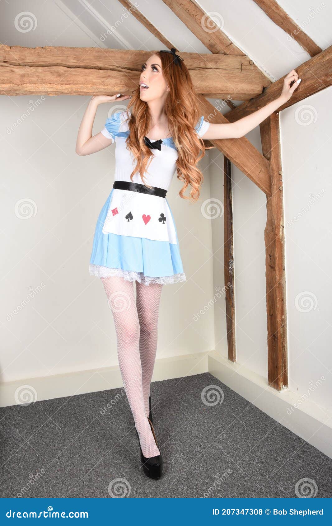 Tall Slim Attractive Redhead Model Dressed As A Fantasy Alice In