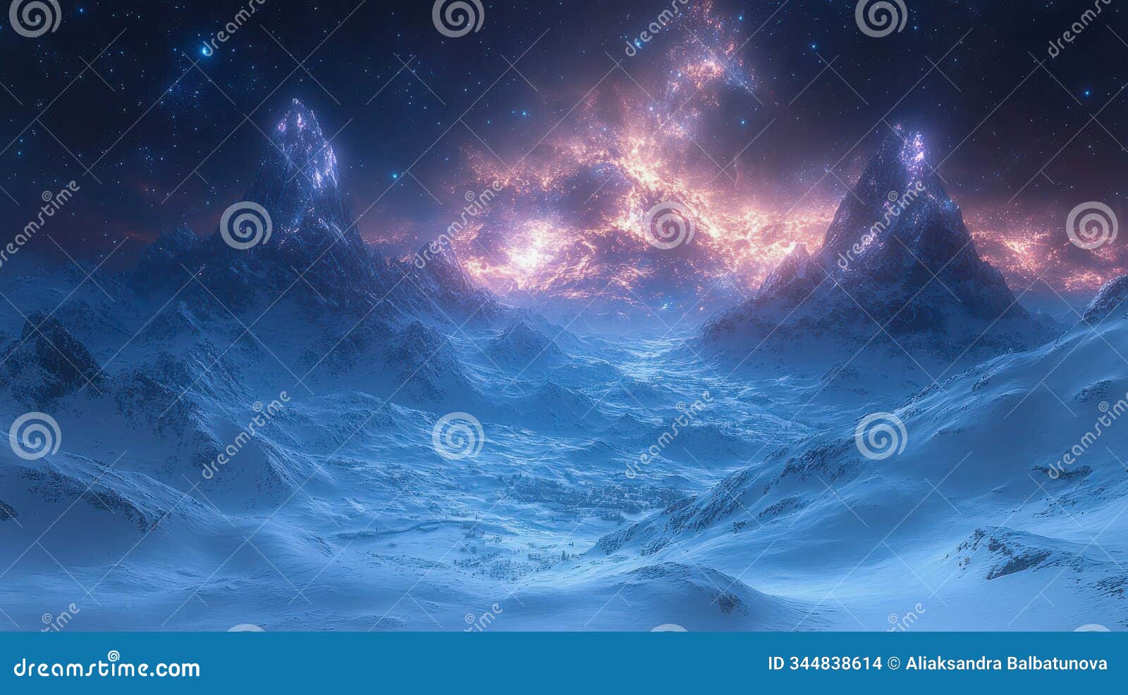 Tall, Snow-covered Peaks Under a Starlit Sky with Nebula Clouds Stock ...