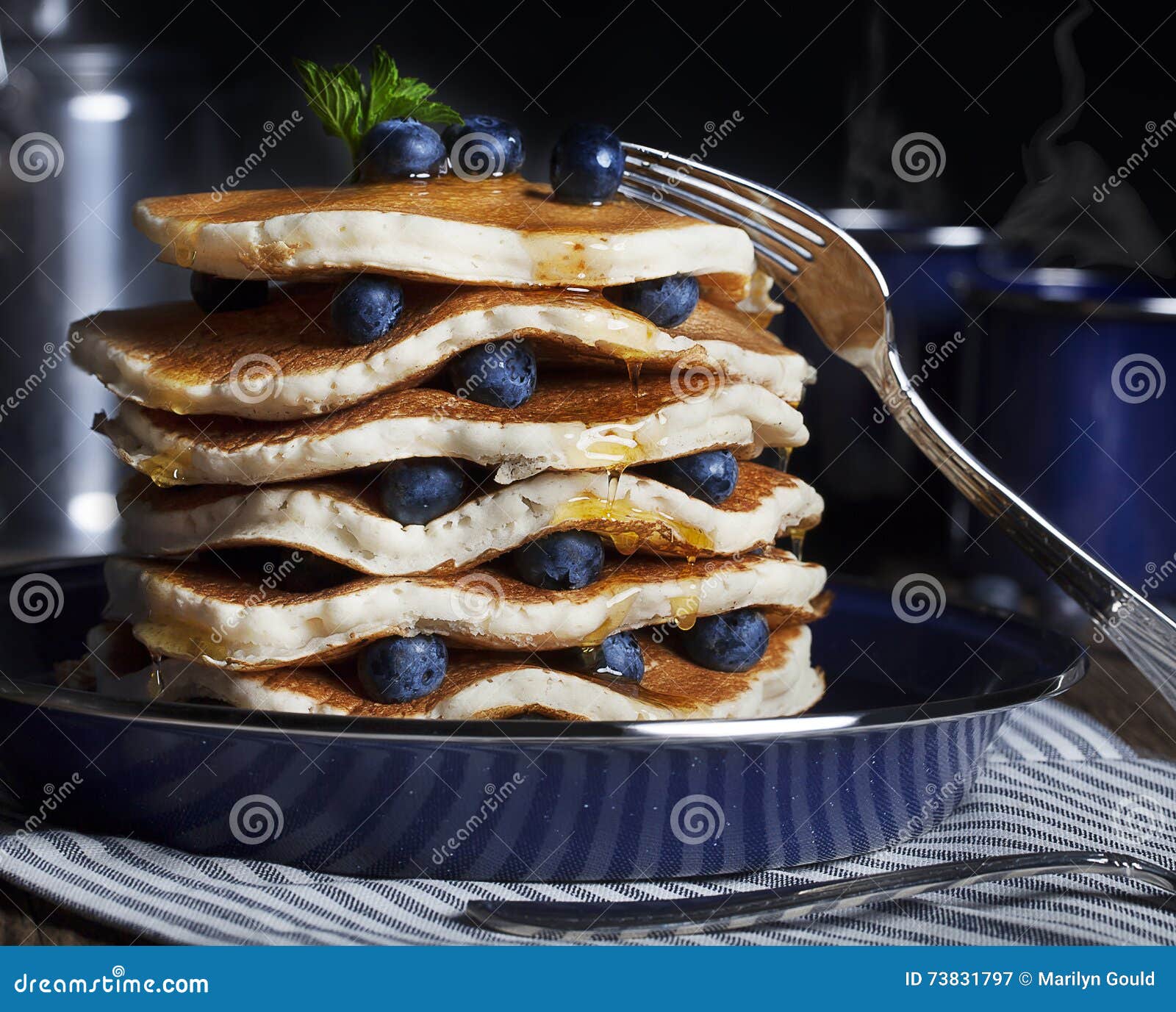 Tall Stack Blueberry Pancakes 2 Stock Image - Image of blueberry, fork ...