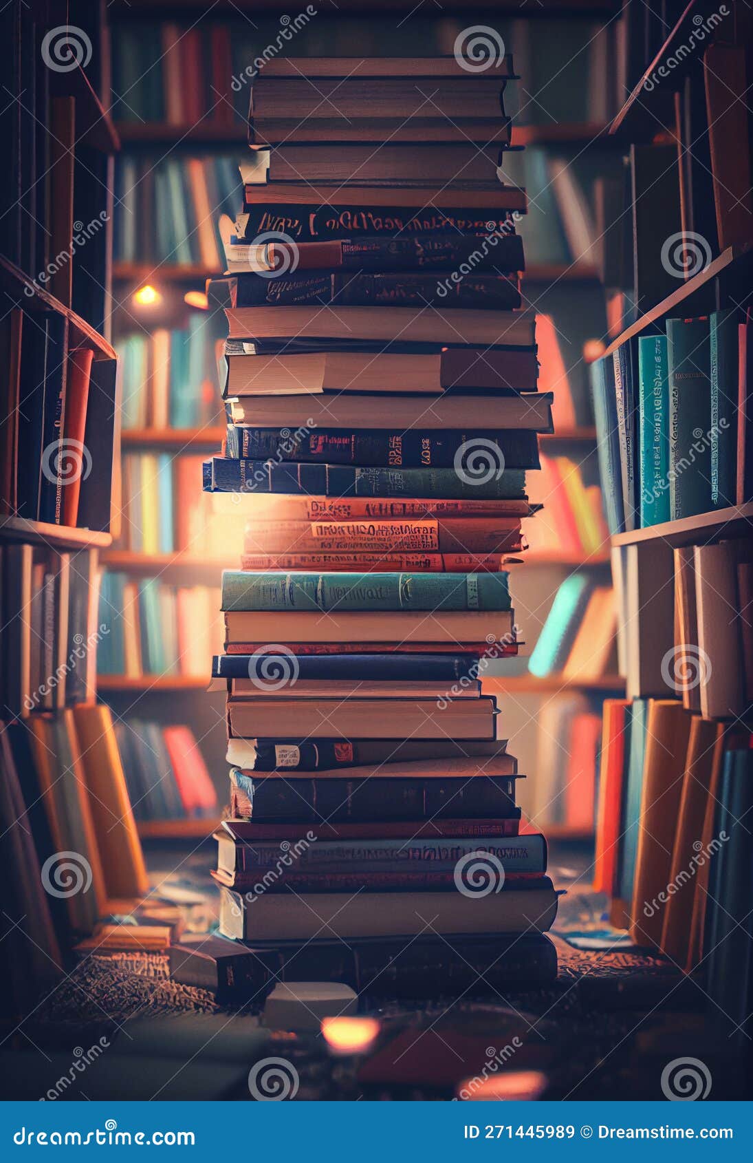 A Tall Stack of Books in a Large Library. AI Generated Stock ...