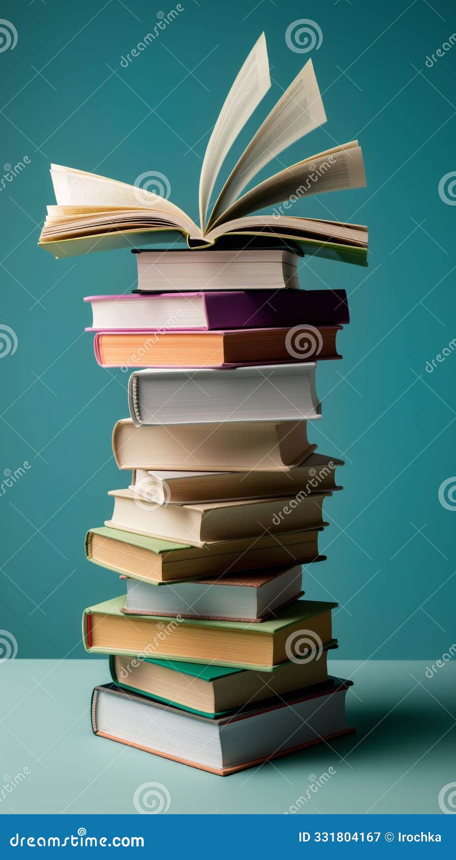 A Tall Stack of Books with an Open Book on Top, Set Against a Teal ...