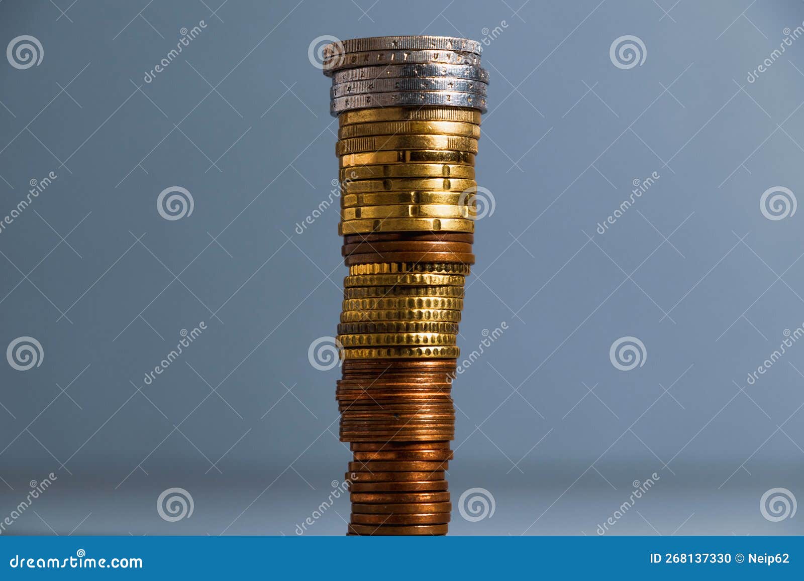 A Tall Stack of Coins. Euro Coins are Piled Up, the Largest Coins are ...