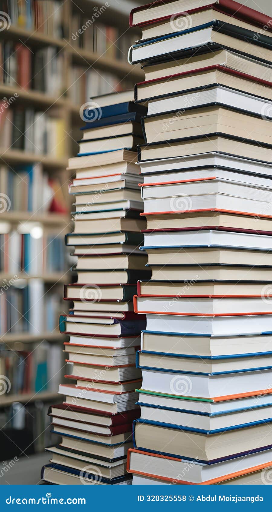 Tall Stack of Colorful Books in Calm, Studious Setting Stock ...