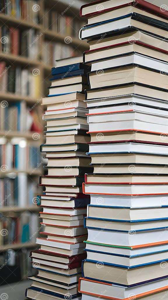 Tall Stack of Colorful Books in Calm, Studious Setting Stock ...