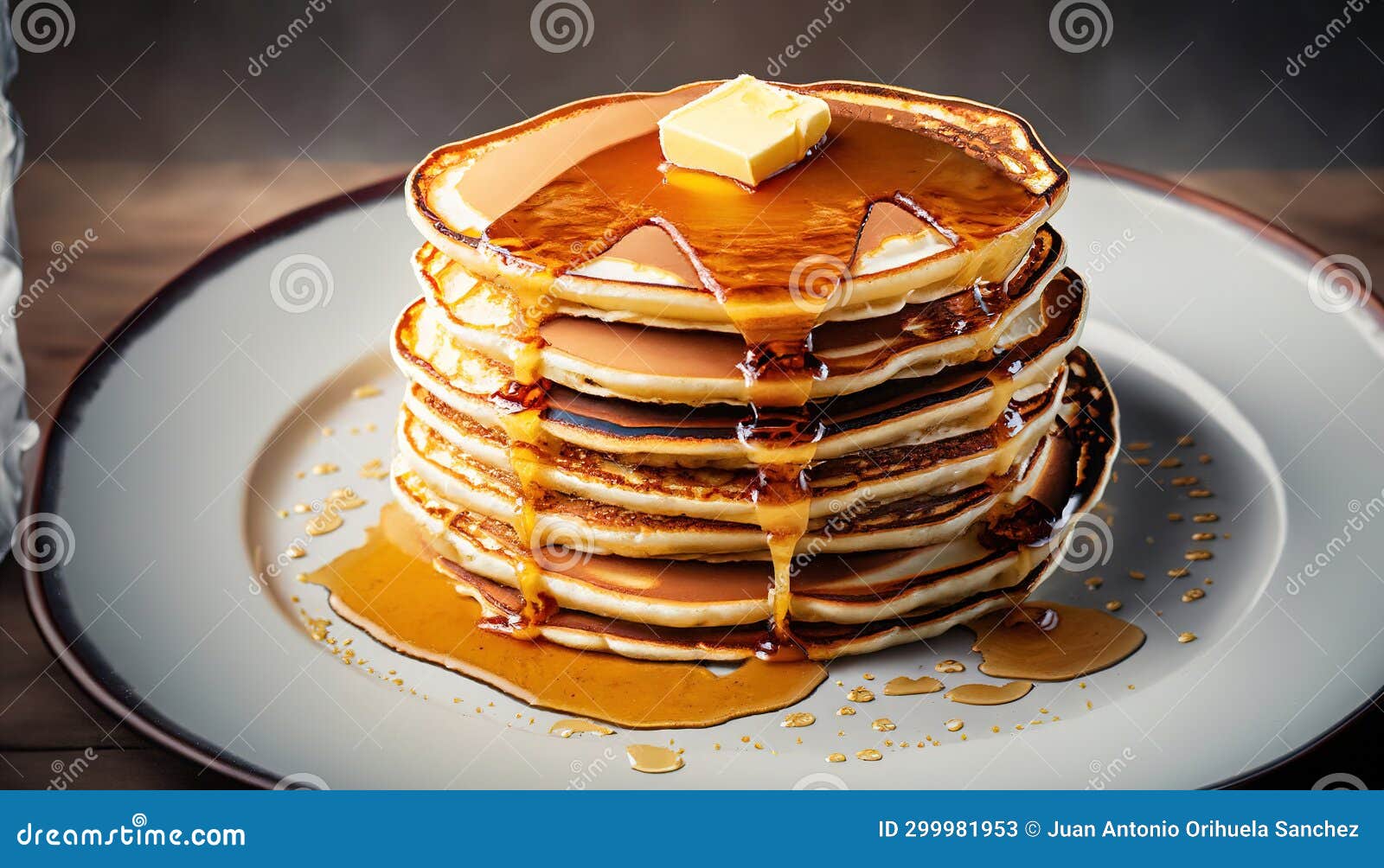 Tall Stack of Huge Fluffy Pancakes Covered in Maple Syrup and Butter ...