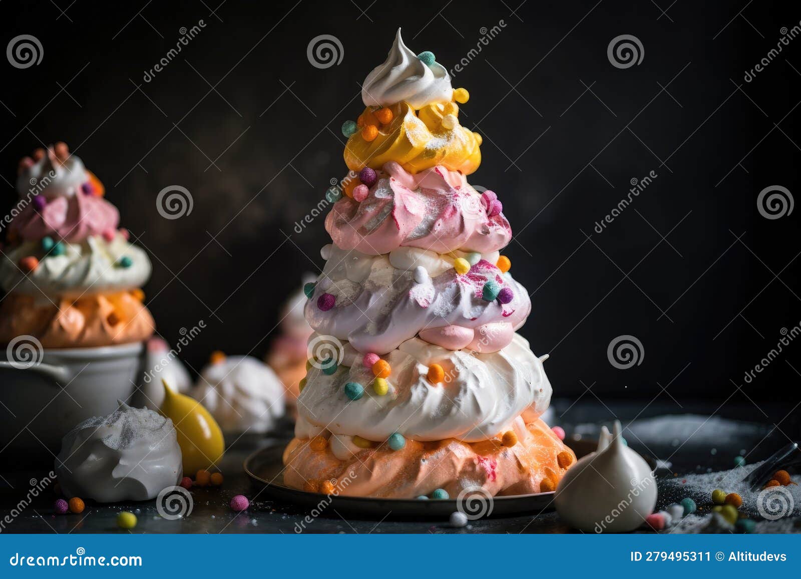 A Tall Stack of Meringues, Decorated with Colorful Fruit and Sugar ...