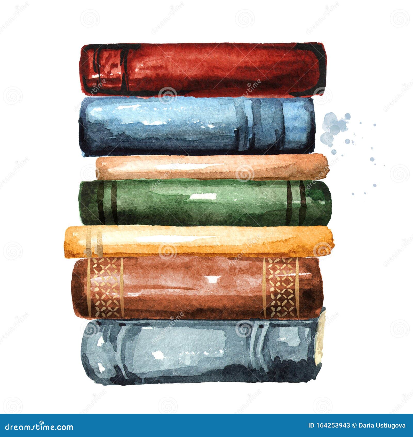 Tall Stack Of Old Books Watercolor Hand Drawn Illustration Isolated On