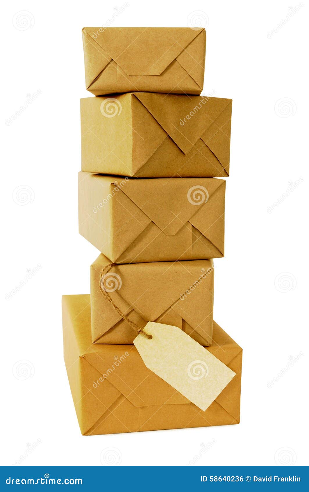 Tall Stack of Paper Parcels with Label Isolated on White Stock Photo ...