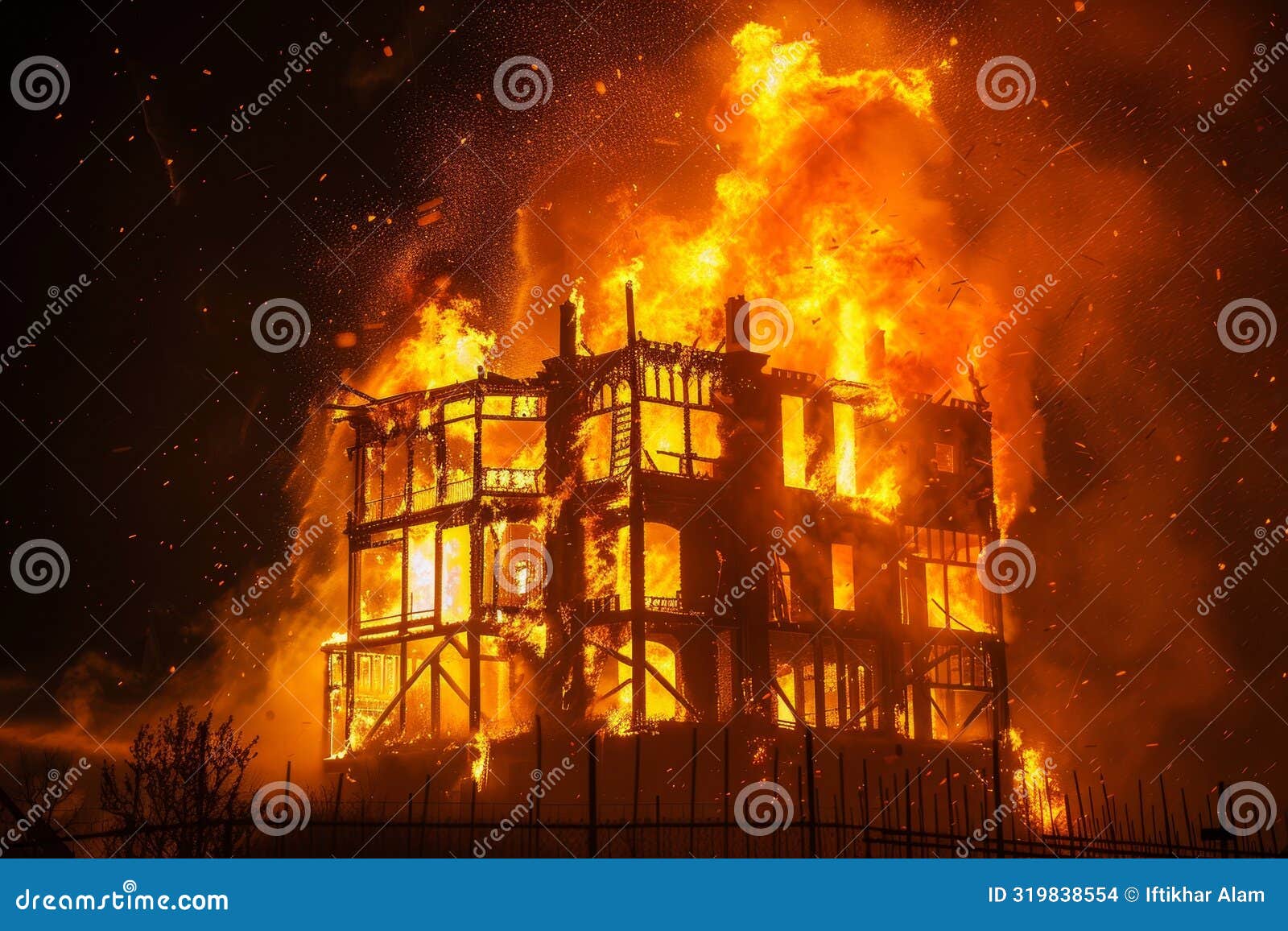 A Tall Structure is Engulfed in Flames during the Night, Creating a ...