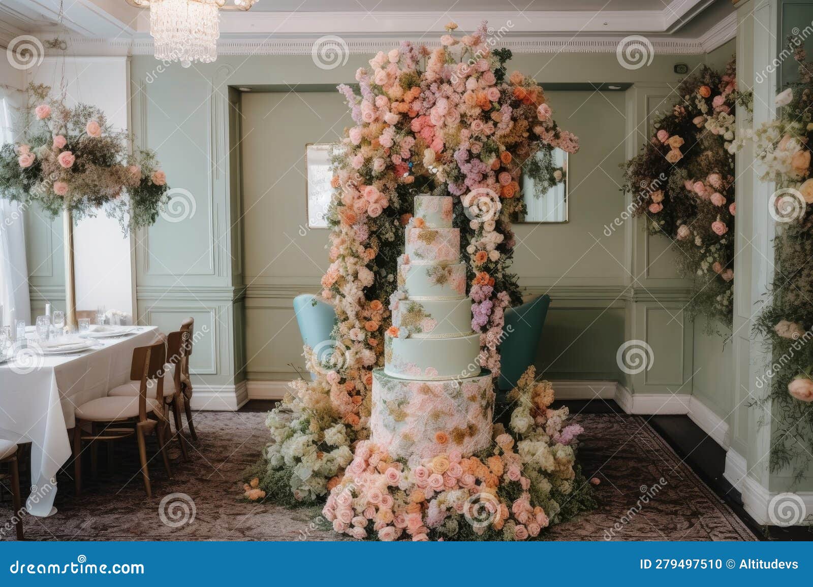 Tall Tiered Cake Covered in Delicate Pastel Flowers and Greenery Stock ...