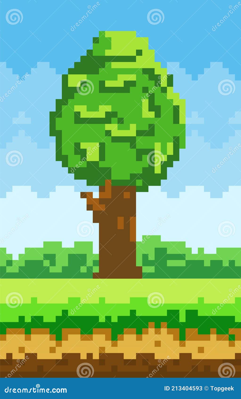 Tall Tree Grows in Clearing with Green Grass Pixel Design. Tree and ...